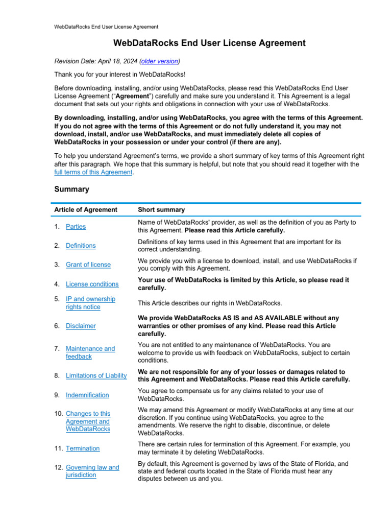 WebDataRocks End User License Agreement - v1.1 | PDF | Indemnity ...