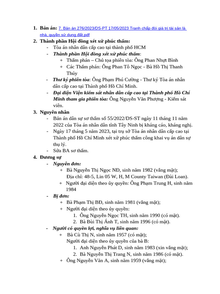 Phân tích BA 276_2023_DS-PT 17_05_2023 Tranh chấp đòi giá trị tài sản ...