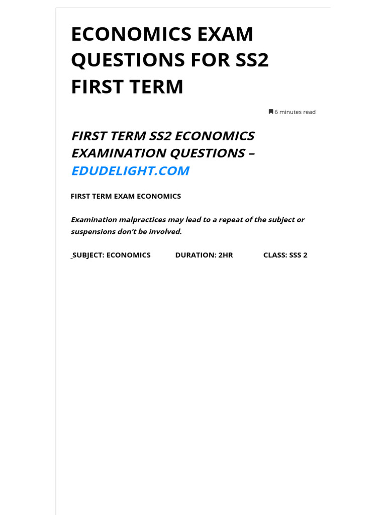 First Term Ss2 Economics Examination Questions | PDF | Monopoly | Labour Economics