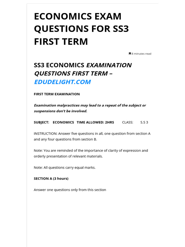 Economics Exam Questions For Ss3 First Term | PDF | Demand | Elasticity (Economics)