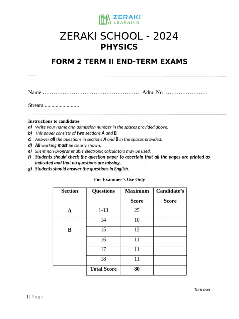 Zeraki School 2024 Physics Exam Paper | PDF | Density | Brownian Motion