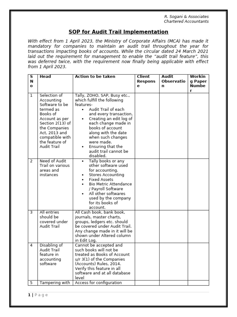 SOP - Audit Trail Implementation | PDF | Audit | Accounting