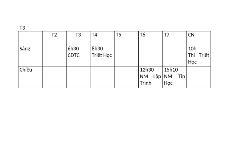 T3 T2 T3 T4 T5 T6 T7 CN Sáng 6h30 Cdtc 8h30 Triết Học 10h Thi Triết Học Chiều 12h30 Nm Lập Trình ...