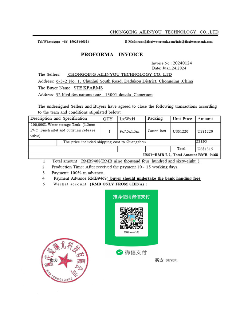 2024-1-24Proforma Invoice for Water Storage Tank - 副本 | PDF