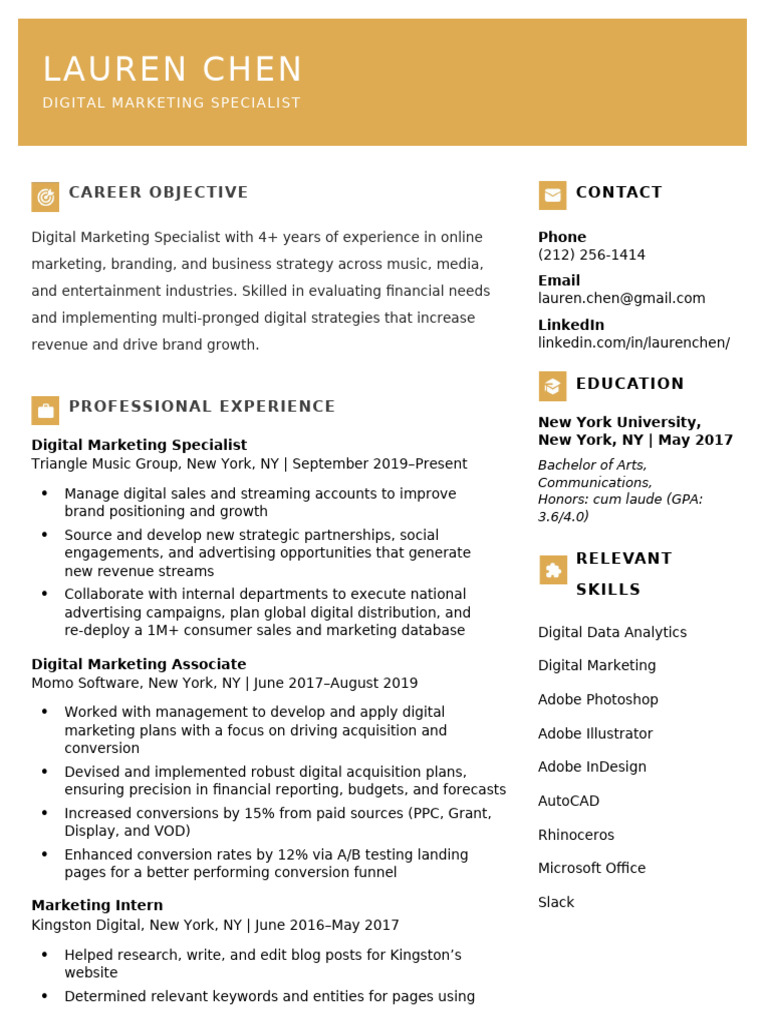 Stylish Modern Resume Template Yellow | PDF | Résumé | Digital Marketing