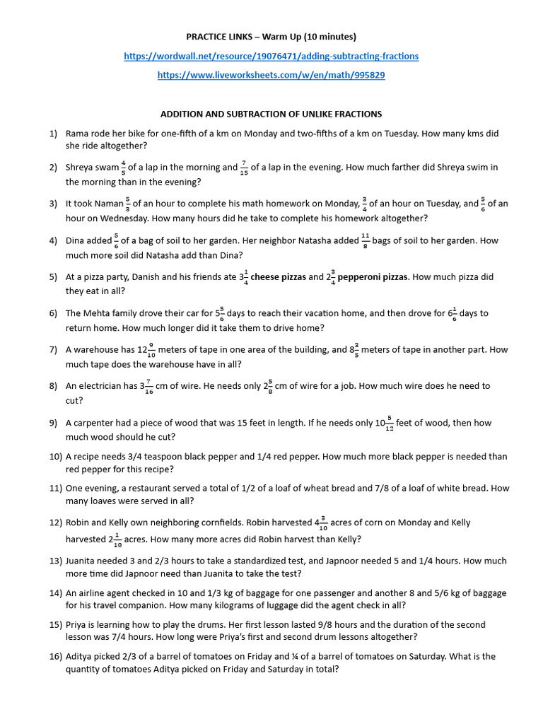 Fractions Word Problems Class 5 | PDF | Foods