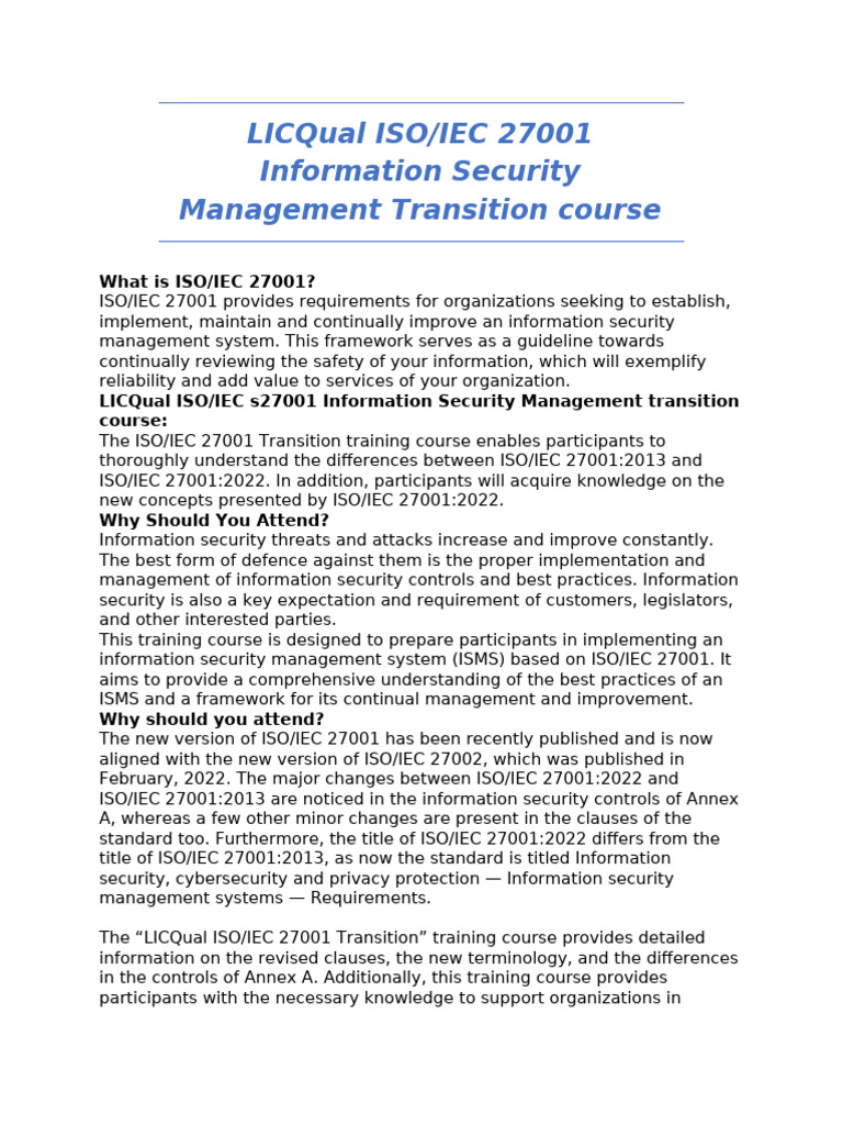 5-LICQual ISO IEC 27001 Information Security Management Transition Course | PDF | Business