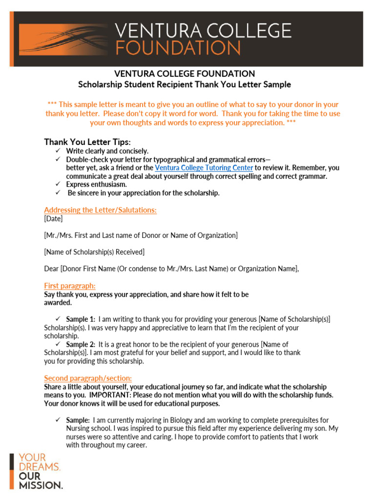VCF_Scholarship_Thank_You_Letter_Instructions_Sample_FINAL | PDF | Nursing