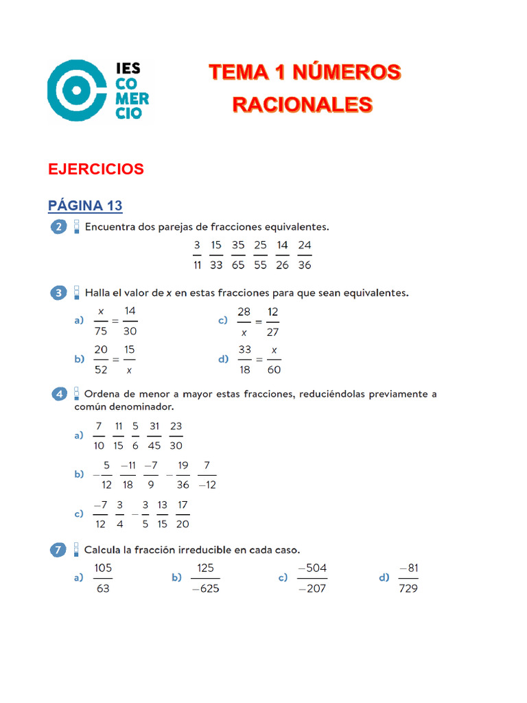 EJERCICIOS_TEMA 1 NÚMEROS RACIONALES | PDF