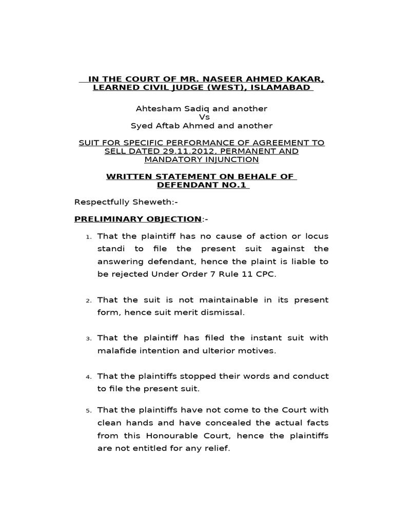 Written Statement - Suit for Specific Performance | PDF | Lawsuit ...