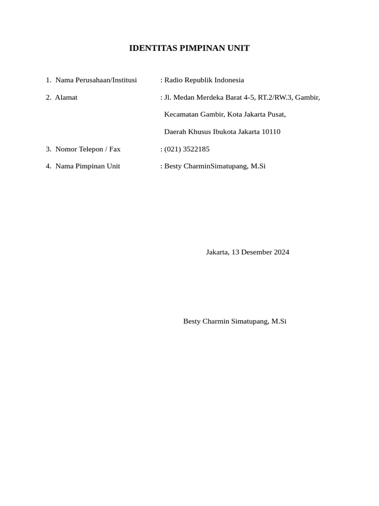 Identitas Pimpinan Unit Rri | PDF