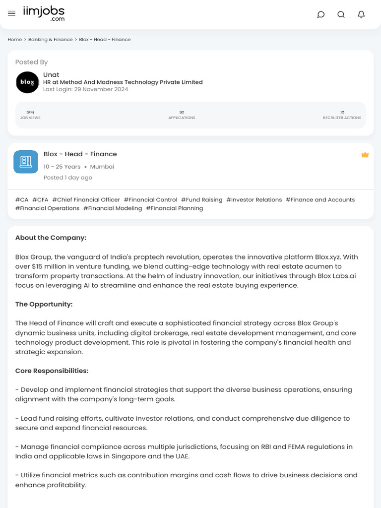 Blox - Head - Finance | PDF | Chief Financial Officer | Financial Analyst