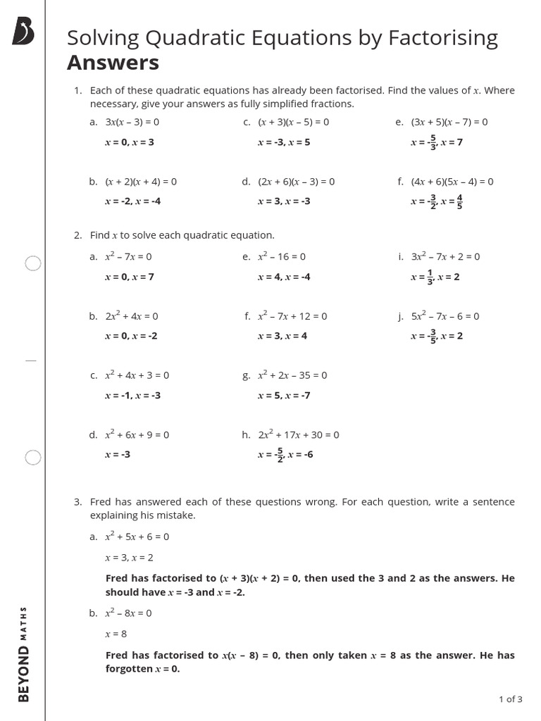 Quadratic Equations: Factorising Solutions | PDF | Mathematical ...