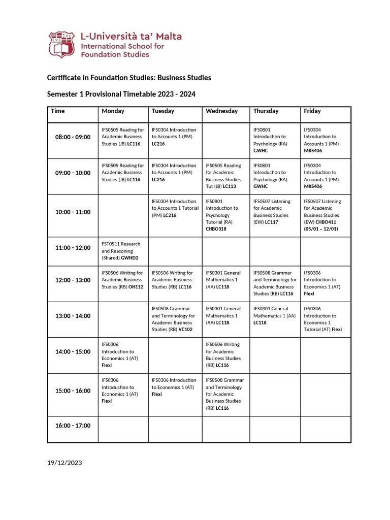 2023-2024 Business Studies Timetable | PDF