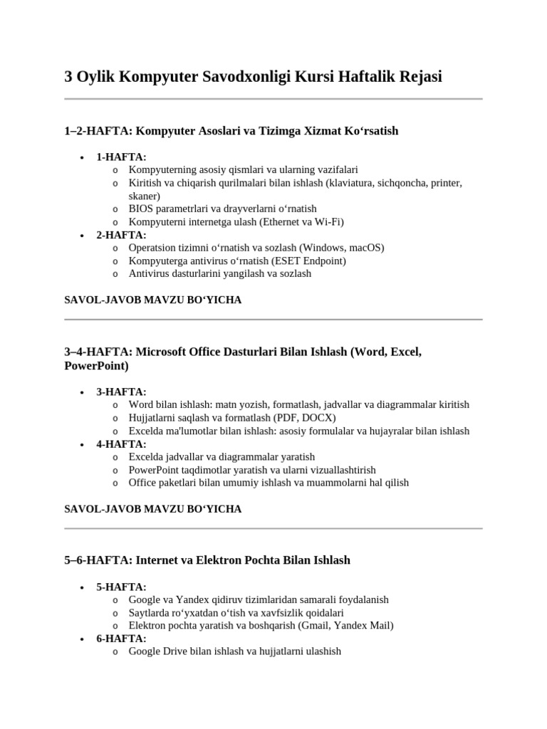 komputer savodhonligi dars reja | PDF