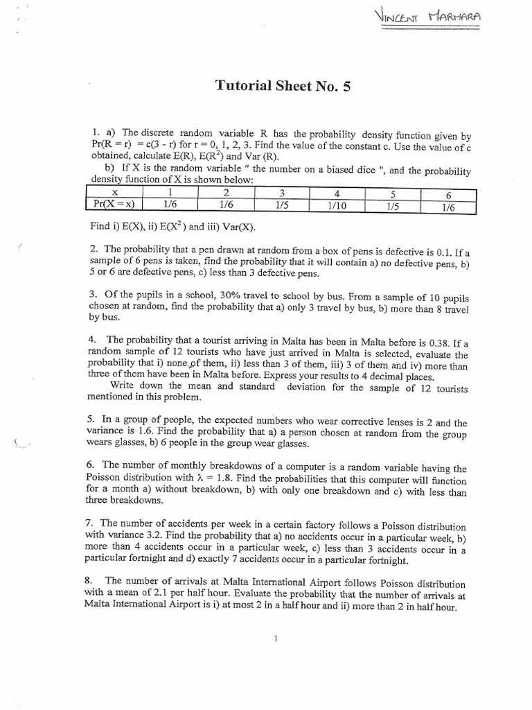 Business Statistics 1 - Tutorial Sheet 5 | PDF | Variance | Poisson Distribution