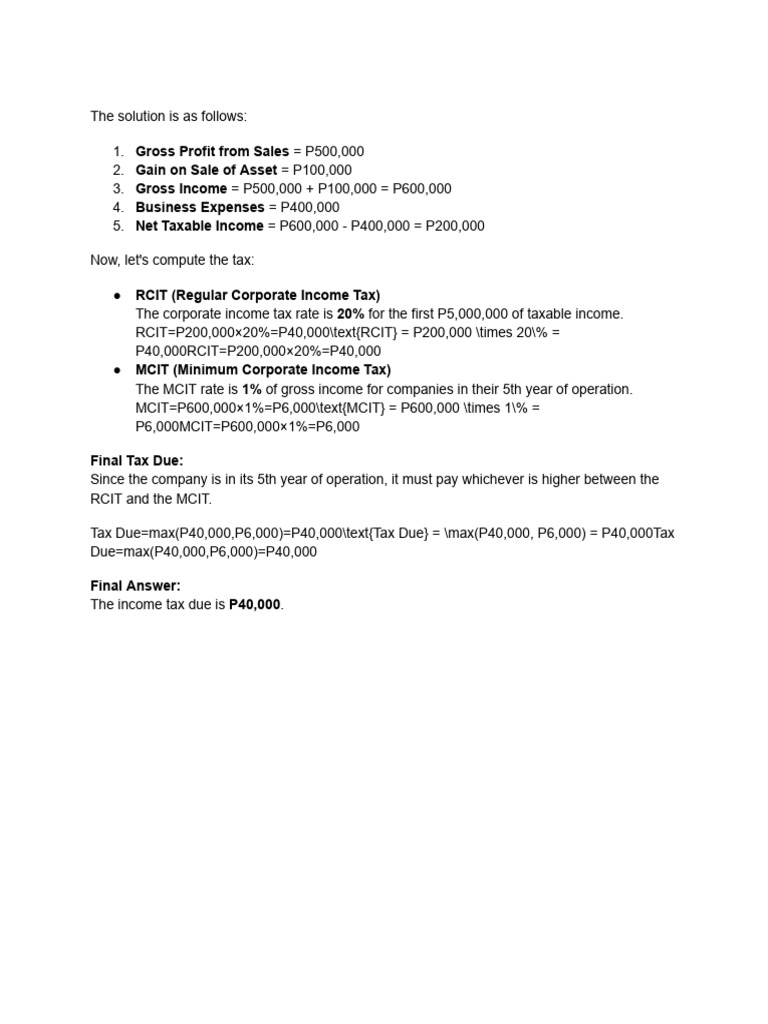 Gross Profit From Sales Gain On Sale of Asset Gross Income Business Expenses Net Taxable Income ...