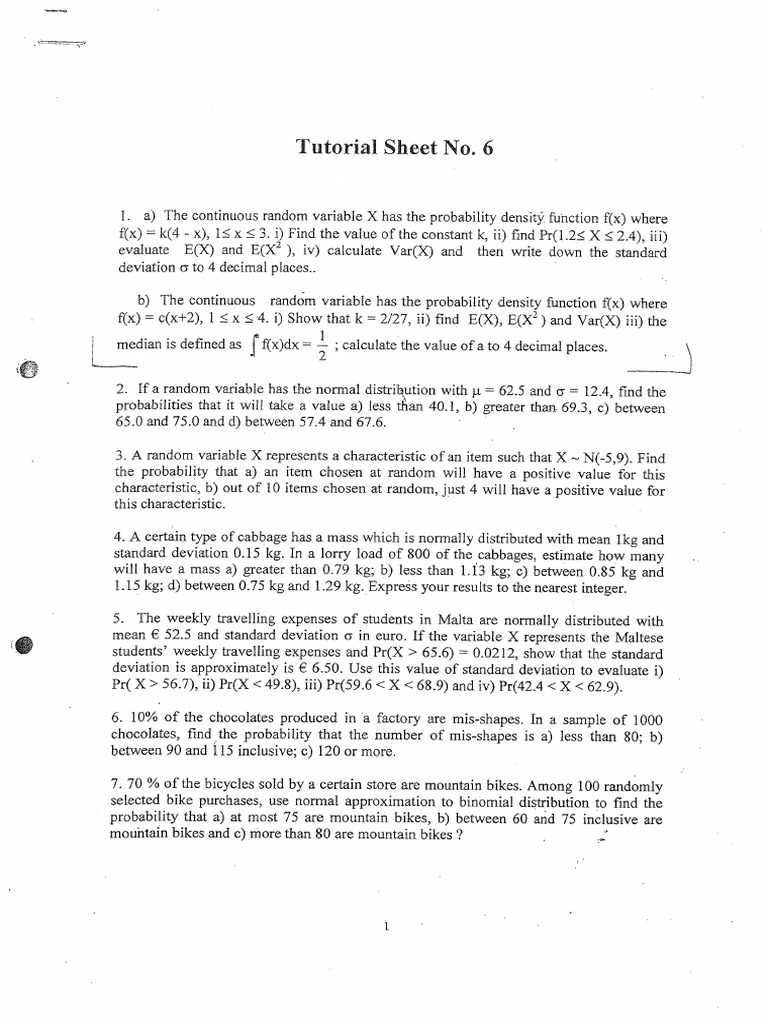 Business Statistics 1 - Tutorial Sheet 6 | PDF