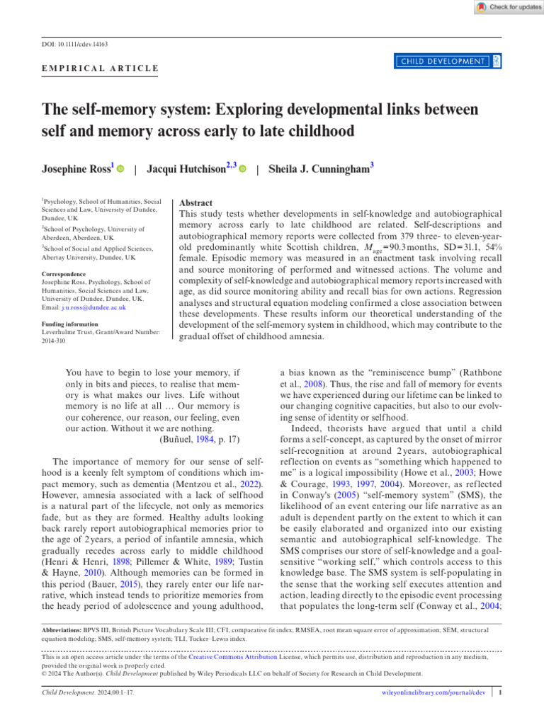 Child Development - 2024 - Ross - The self‐memory system Exploring developmental links between ...