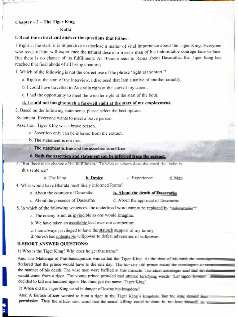 Tiger King English Class 12 Classwork | PDF