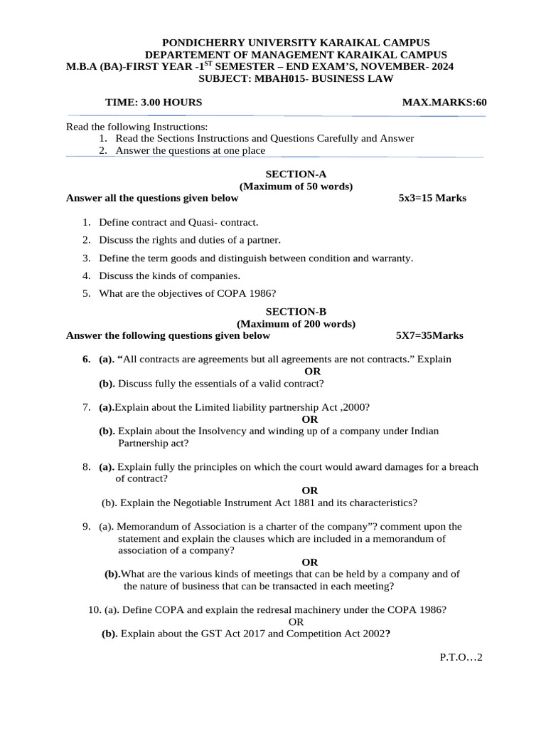 MBA Business Law Exam November 2024 | PDF | Justice | Crime & Violence