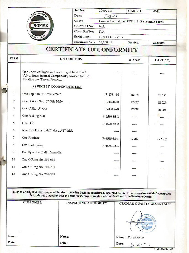 CoC - SN. 002133-1-1 STD - JN. 20002133 QR. 4081 CHEMICAL INJEC | PDF