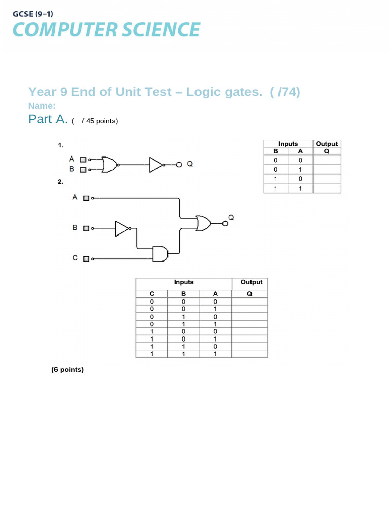 Logic Gates Y9 Final Test & Answers | PDF | Logic Gate | Electronic ...