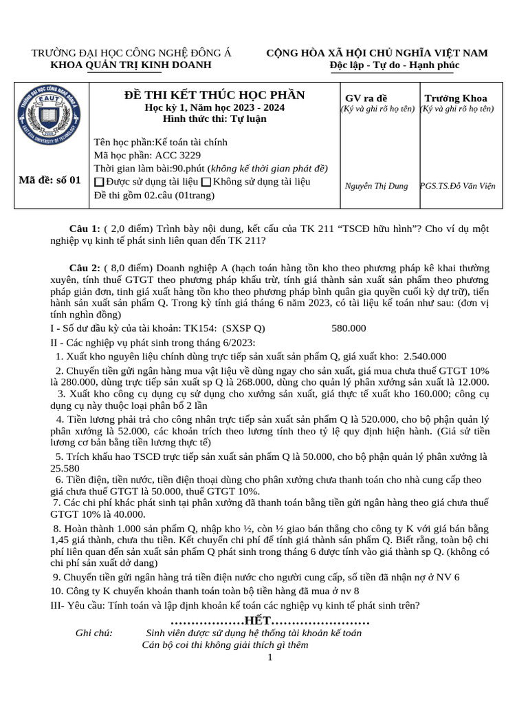 1.BM - KT - Đề thi tự luận KTTC QT12 | PDF