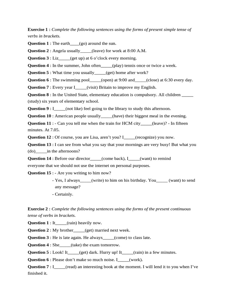 BÀI TẬP VỀ THÌ HTĐ VÀ THÌ HTTD | PDF