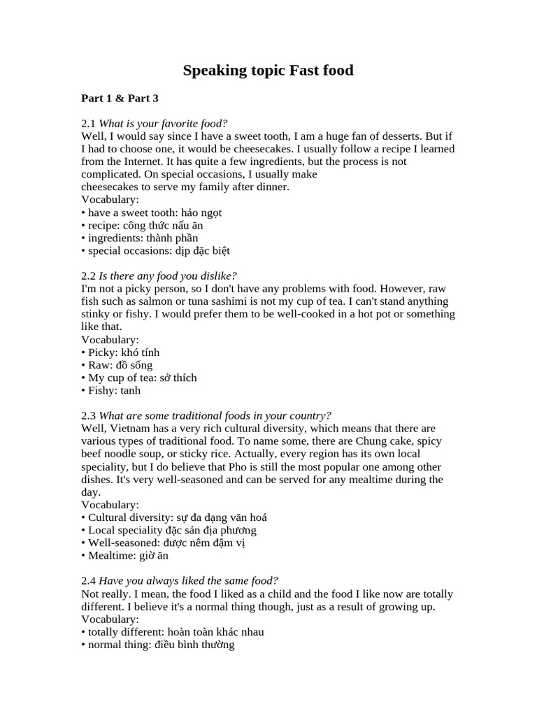 Speaking Topic Fast Food | PDF | Vietnamese Cuisine | Japanese Cuisine