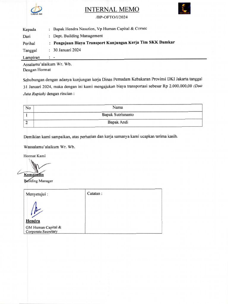 Internal Memo Pengajuan Biaya Transportasi SKK Damkar | PDF
