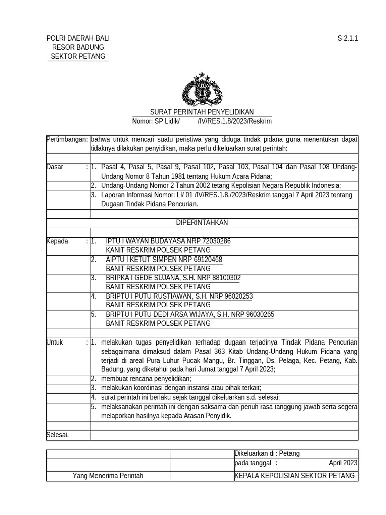 Format Surat Perintah Penyelidikan | PDF