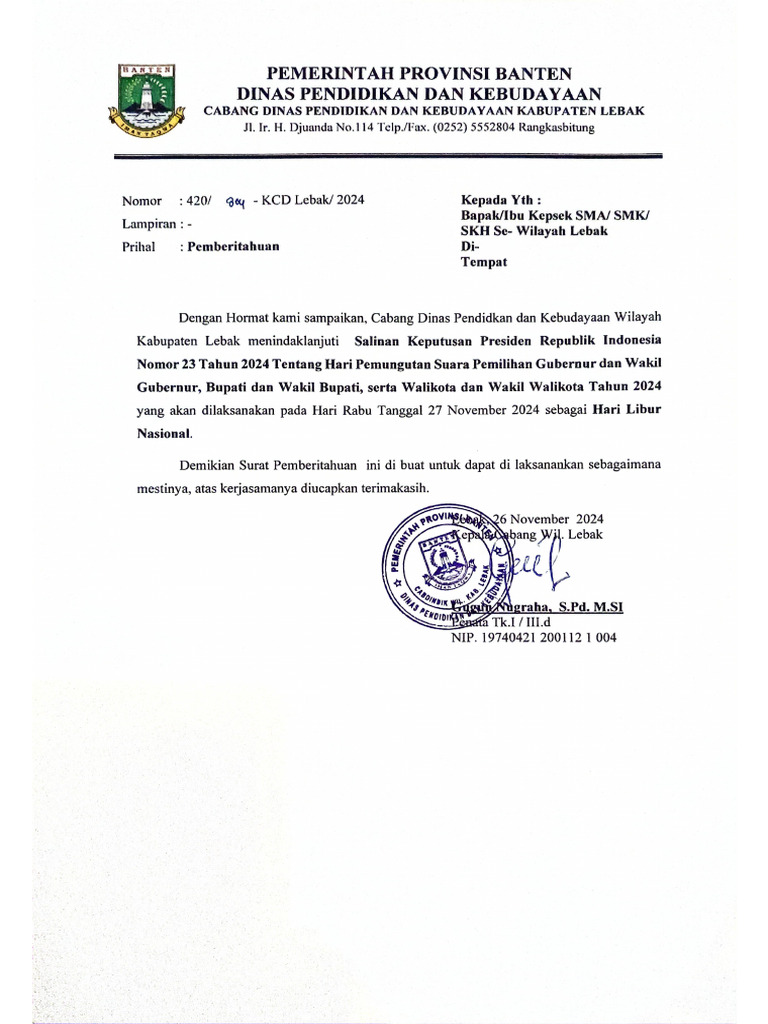 Surat Pemberitahuan Libur Nasional | PDF