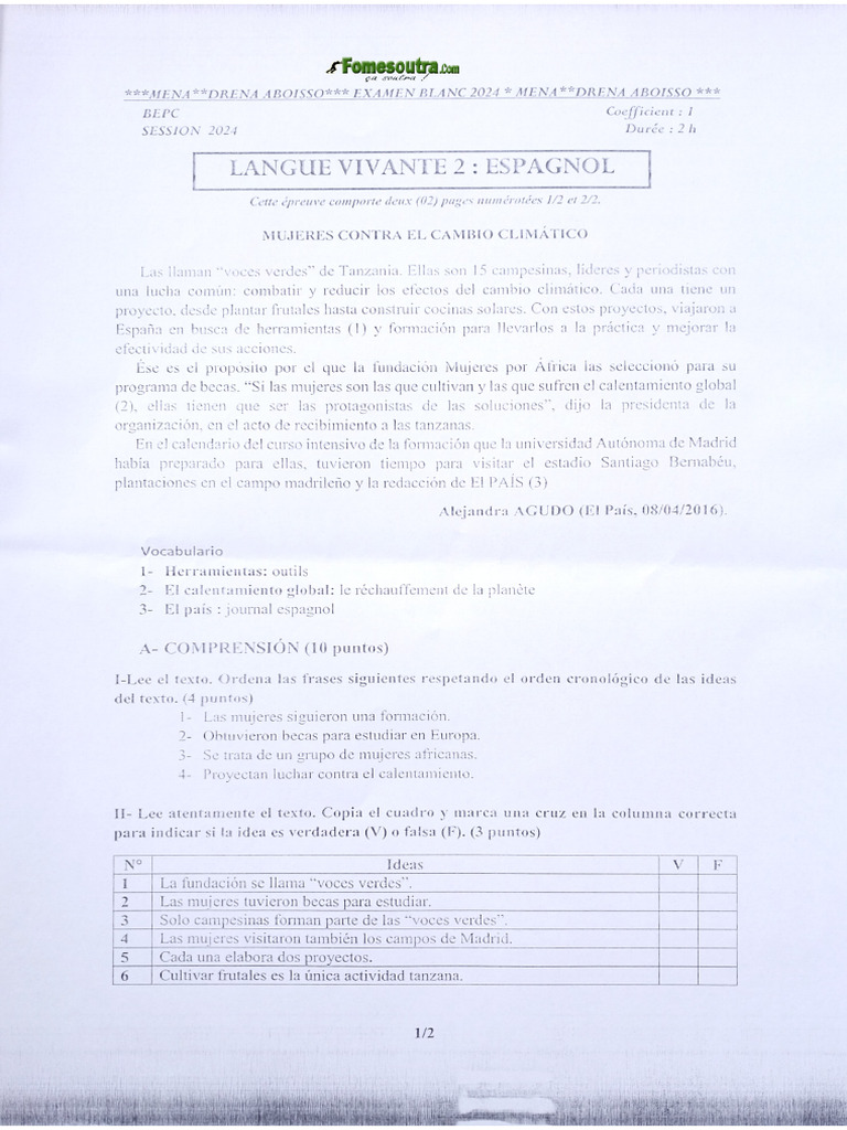 Bepc Blanc 2024 LV2 Espagnol Dren Aboisso | PDF