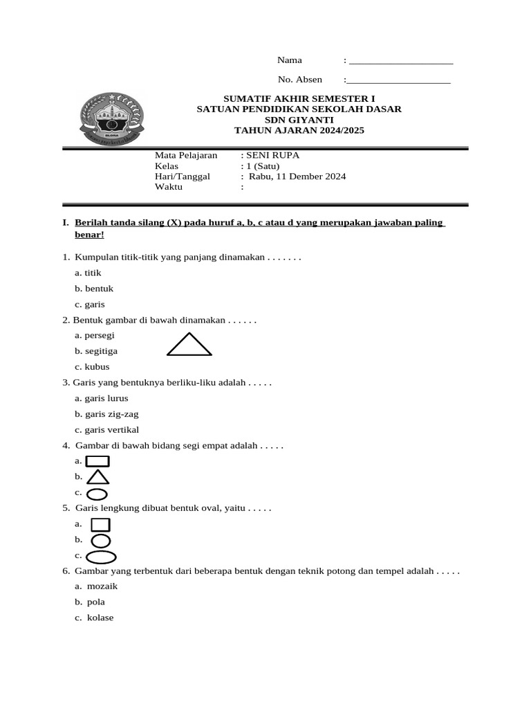 Soal Seni Rupa Kelas 1 Sumatif Akhir SMT I | PDF