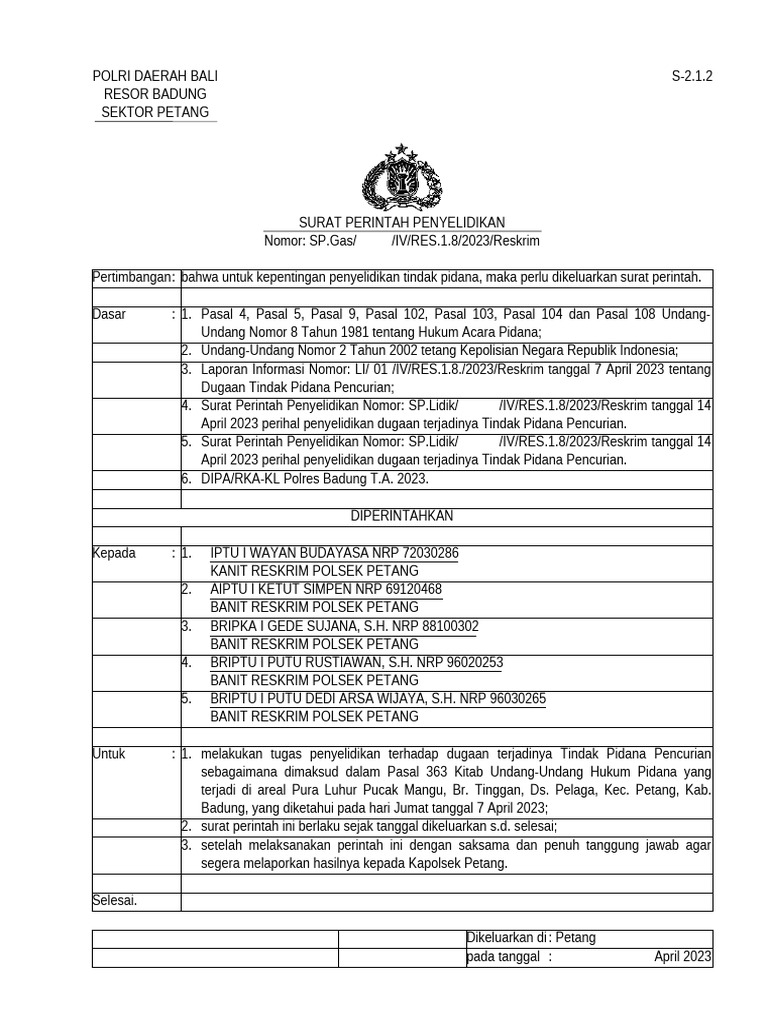 18. Format Surat Perintah Dipa Penyelidikan | PDF