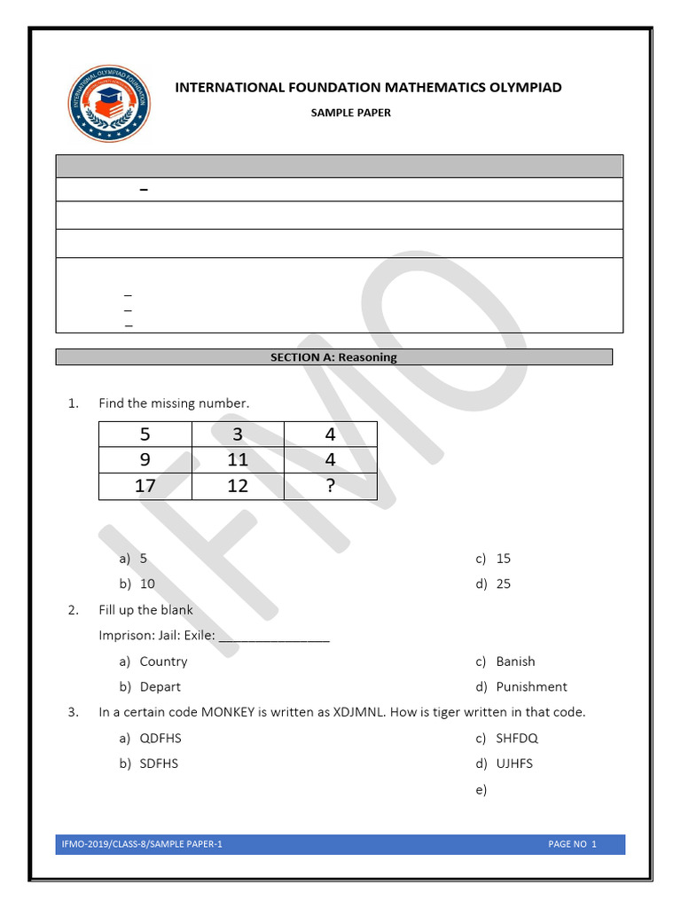 IFMO Class 8 Sample Paper | PDF | Mathematics