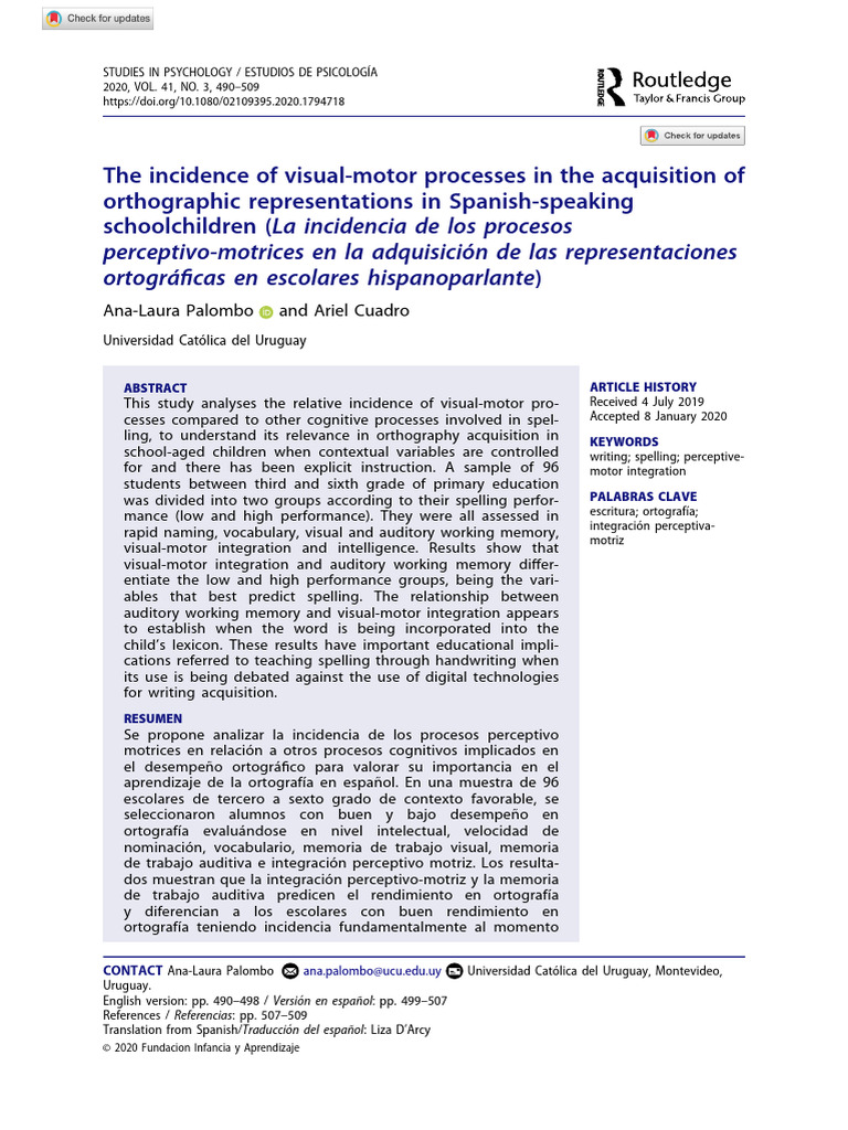 2020 The Incidence of Visual Motor Processes in The Acquisition of Orthographic Representations ...