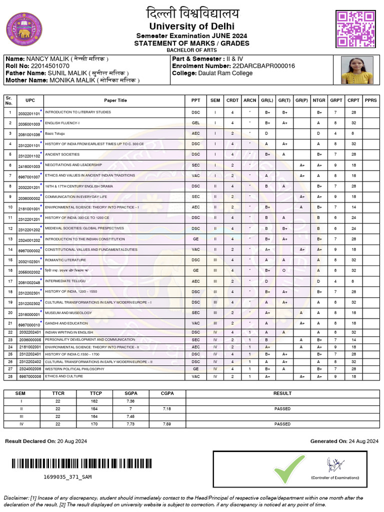 University of Delhi: Semester Examination JUNE 2024 Statement of Marks ...