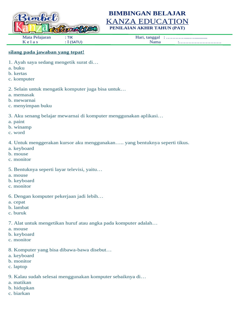 Soal-PAT-TIK-Kelas-1-SD | PDF