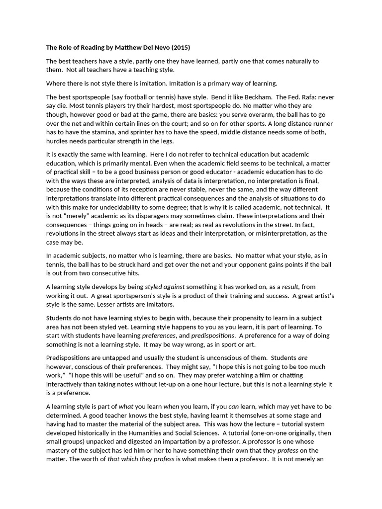 Del Nevo - The Role of Reading | PDF | Learning | Learning Styles