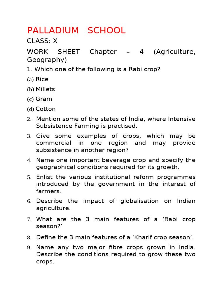 Class X Geography: Agriculture Worksheet | PDF | Agriculture | Crops