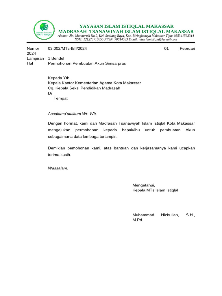 Surat Permohonan Pembuatan Akun | PDF