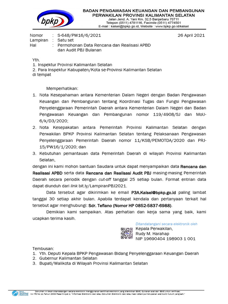S-648 Permohonan Data Realisasi Anggaran Dan Data Realisasi Audit PBJ Bulanan (2) - Sign | PDF
