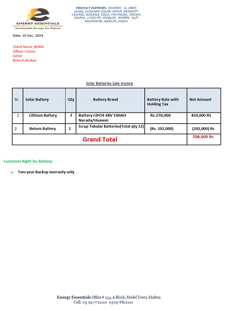 Solar Battery invoice for BHMS Officer colony junior branch Multan | PDF