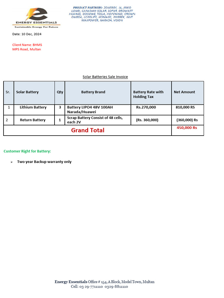 MPS Solar Battery Invoice Summary | PDF