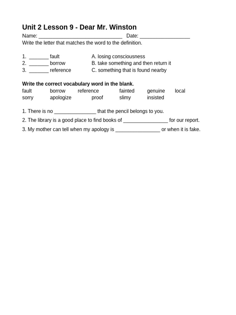 Unit 2 Lesson 9 - Dear Mr. Winston: Write The Correct Vocabulary Word ...