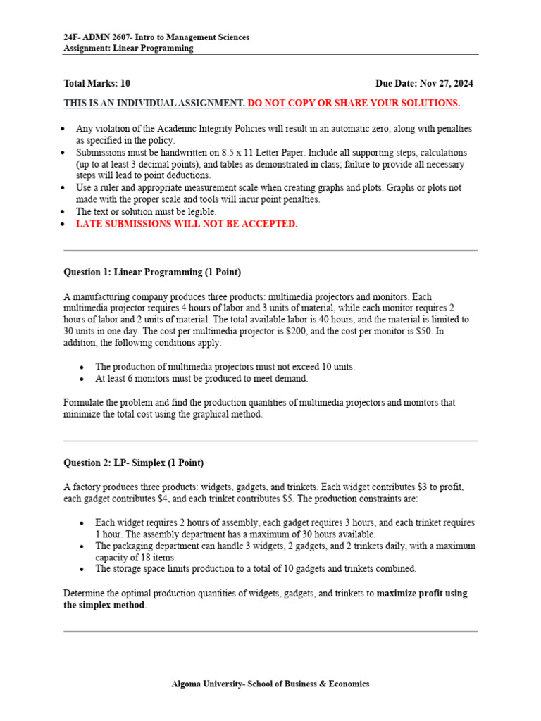 24F ADMN 2607- Assignment | PDF | Profit (Economics) | Linear Programming