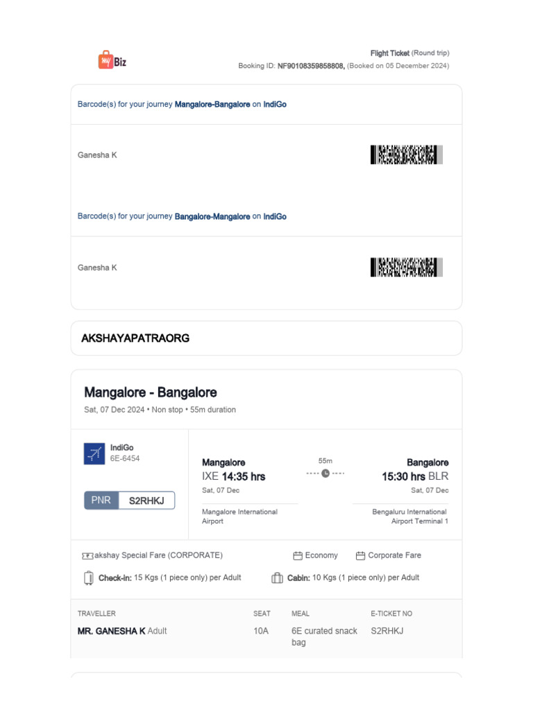 Mangalore-Bangalore Round Trip Ticket | PDF | Identity Document | Transport