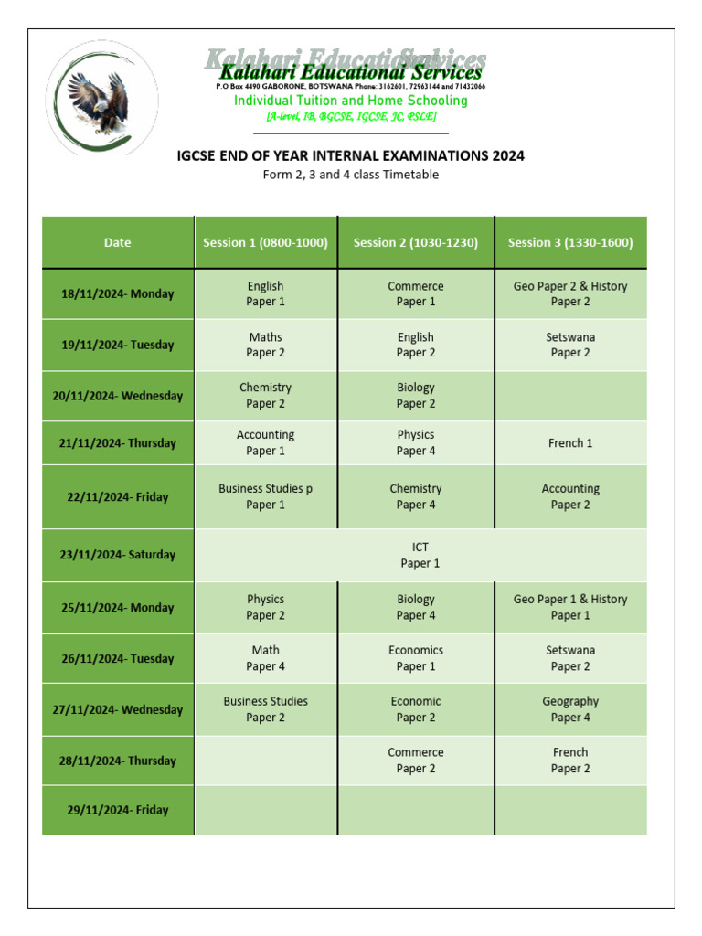IGCSE 2024 Exam Timetable Gaborone | PDF